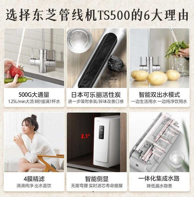 东芝 净水机 500G通量 直饮RO反渗透 手掌宽度 TS500-01-美的商城